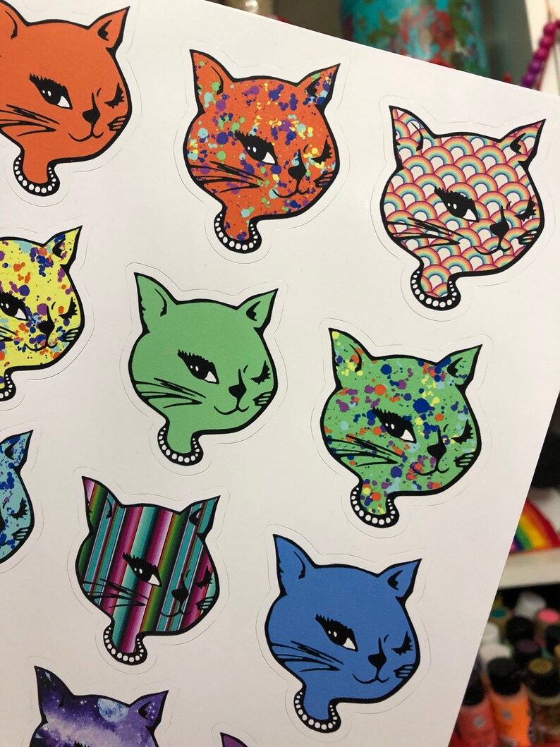 Huge Sheet of Retro Winking Cats Stickers Rainbow Assortment | Etsy