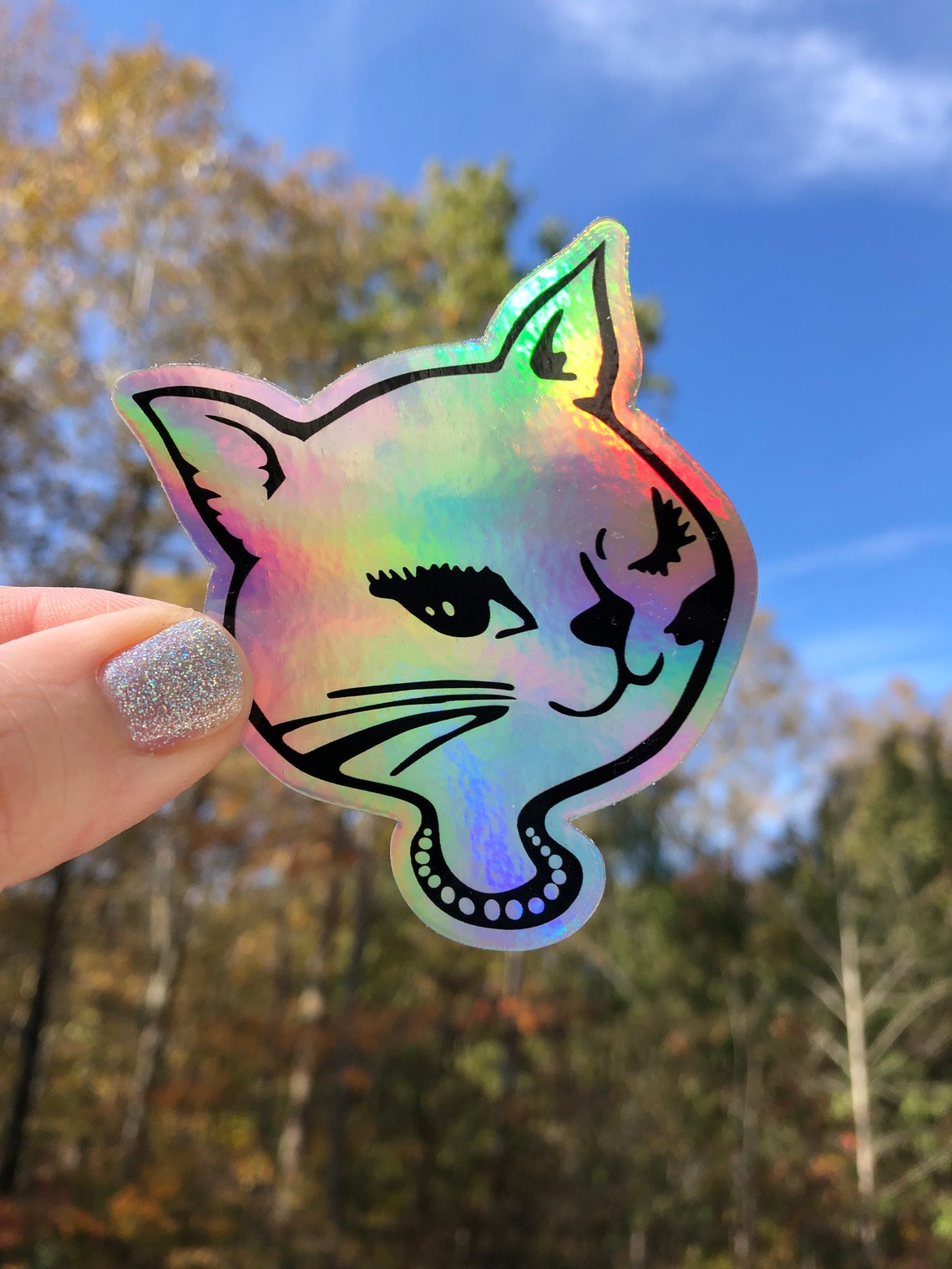 Holographic Winking Cat Sticker Reflective Rainbow Black Outline - Etsy