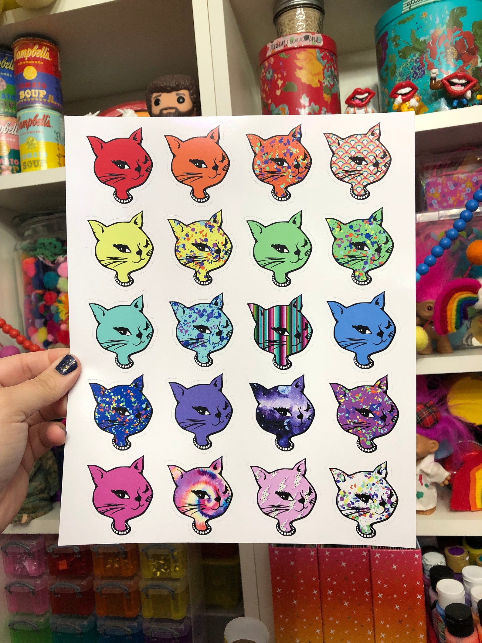 Huge Sheet of Retro Winking Cats Stickers Rainbow Assortment - Etsy