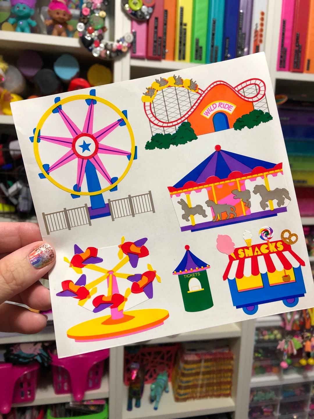 Big Sheet of Vintage Carnival Rides Stickers Roller Coaster Farris ...