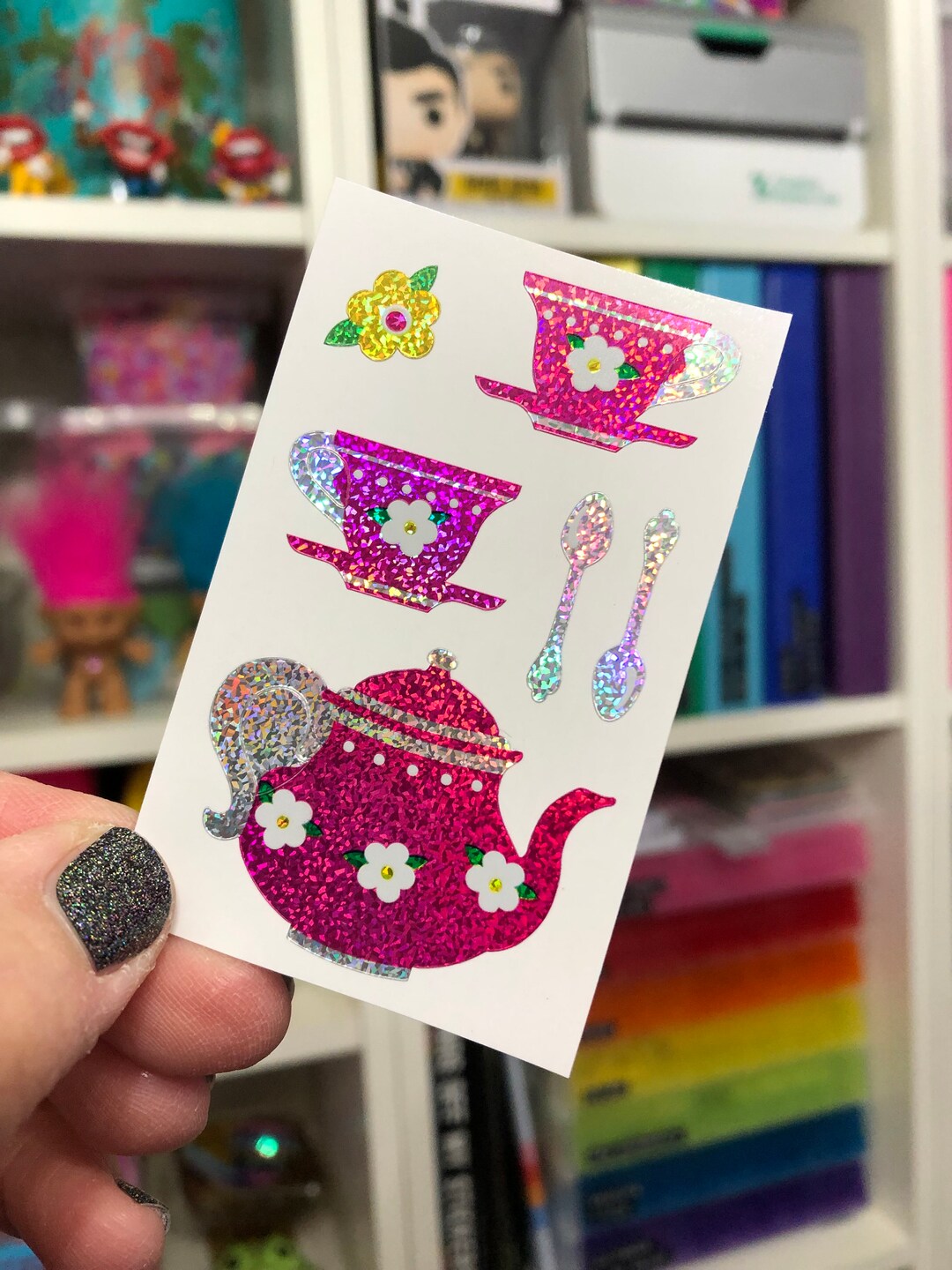 Limited Edition Sparkle Prism Rainbow Teapot Tea Cup Set Stickers Mrs ...