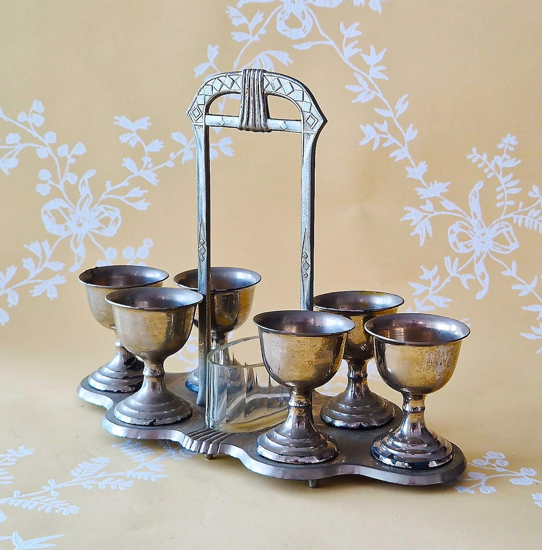 Antique Silver Plated Egg Cup Set With Crystal Salt Cellar for 6 Eggs ...