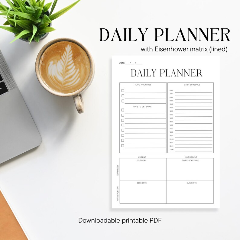 Lined Daily Planner Printable | Eisenhower Matrix, to Do List & Top 3 ...