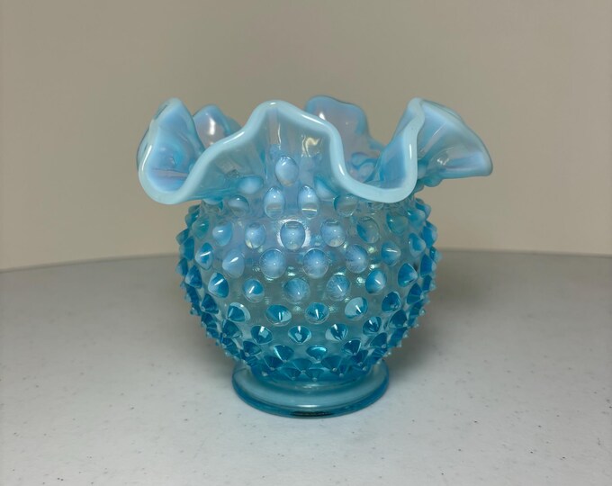 Vintage Fenton Hobnail Aqua Blue Ruffle Vase Opalescent MCM Glass Decor ...