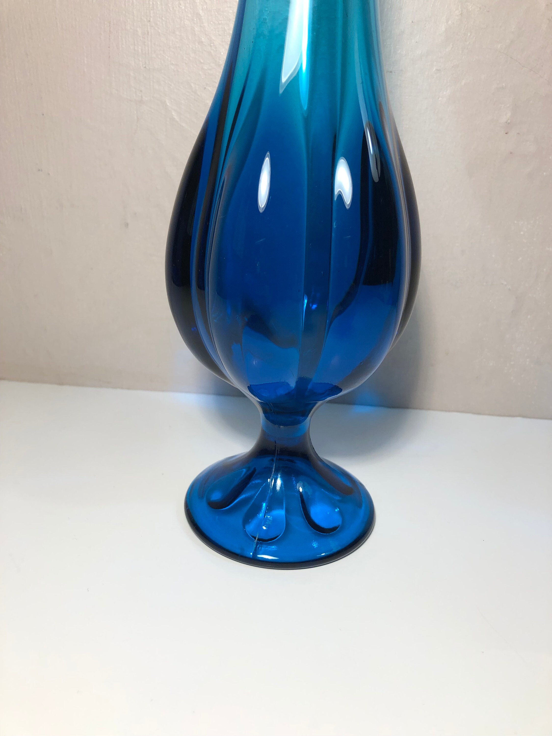 Vintage MCM Viking Glass Epic Blue Bluenique Six Petal Footed 14.5 ...