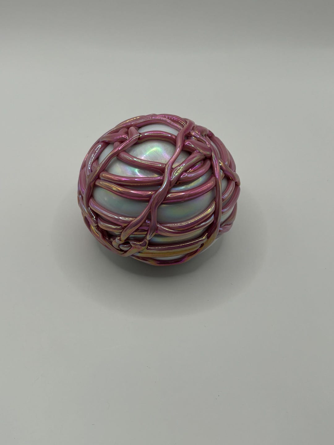 Vintage Gibson Paperweight Iridescent Pink Swirls Over Iridescent White ...