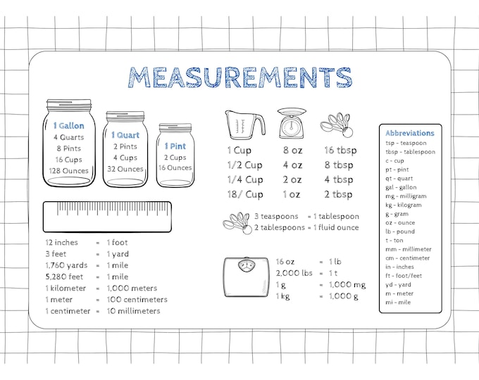 Handy Kitchen Measurements Printable, Conversion Chart, Cooking ...