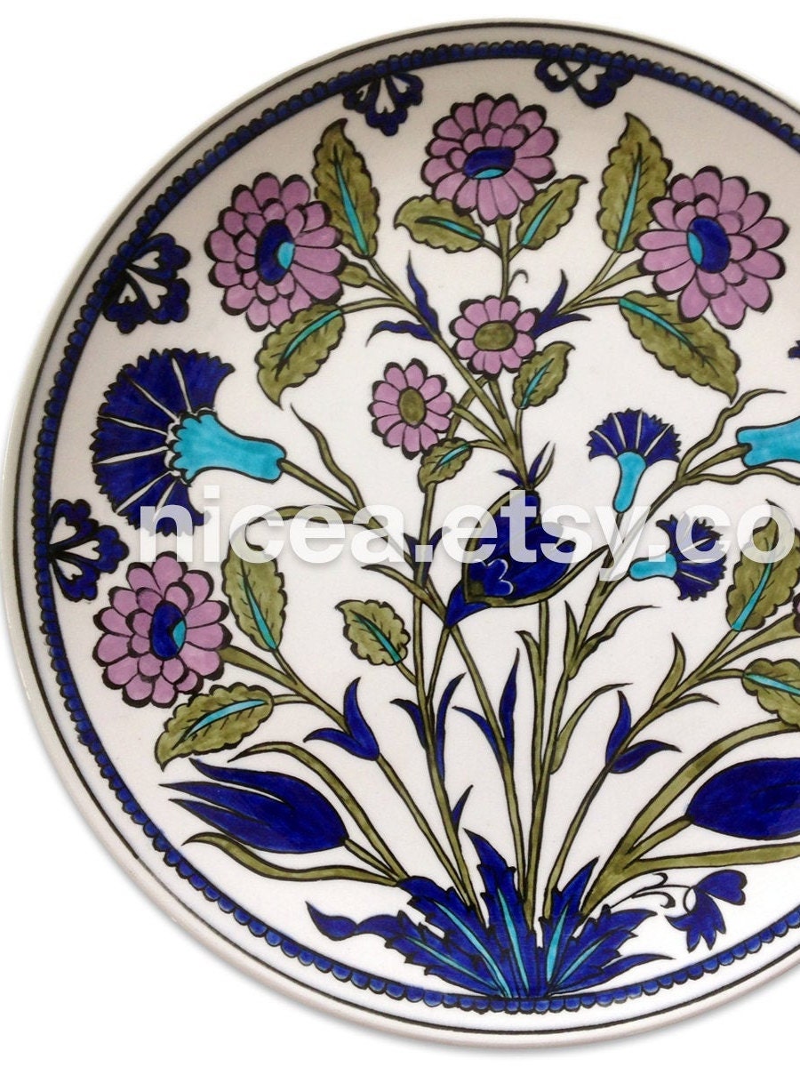 Rimless Iznik Pottery Dish With Floral Bouquet - Handmade - Home Decor ...