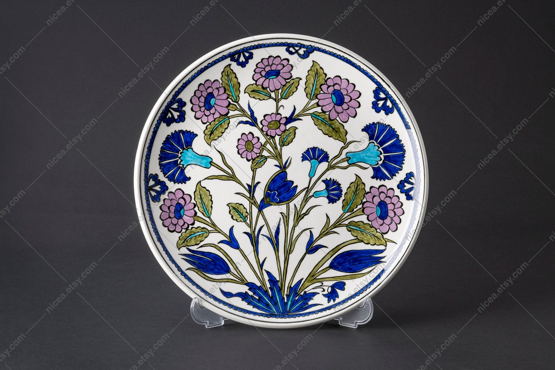 Rimless Iznik Pottery Dish With Floral Bouquet - Handmade - Home Decor ...