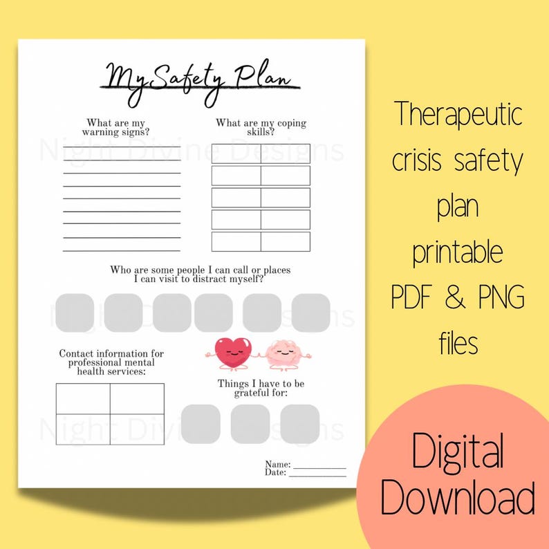 Printable Crisis Safety Plan - Therapy Worksheet - Self Help, Mental ...