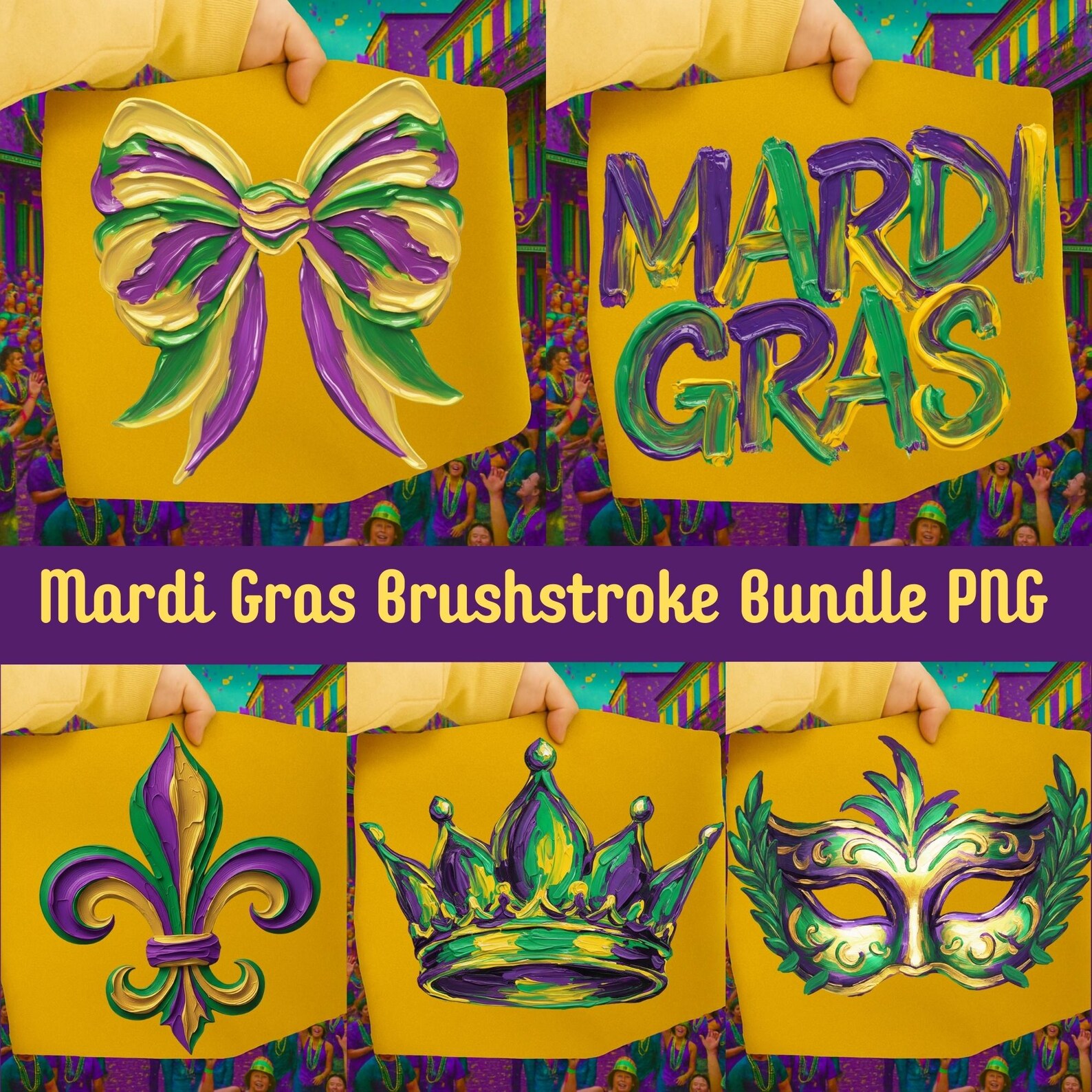 Mardi Gras Brushstroke Art Bundle PNG, Hand Painted Mask, Bow, Crown ...