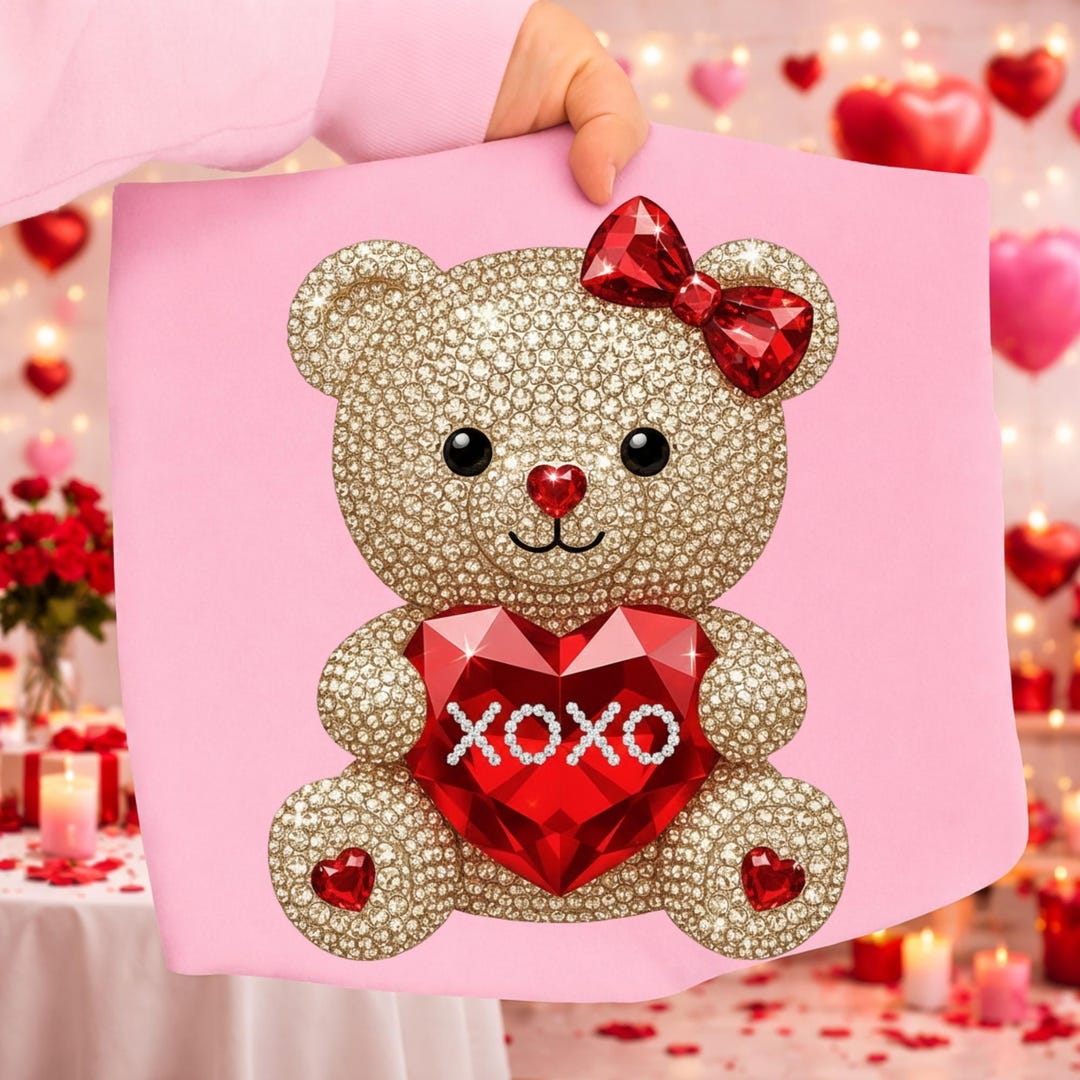 Faux Rhinestone Teddy Bear PNG With XOXO Heart, Valentine Bling Bear ...