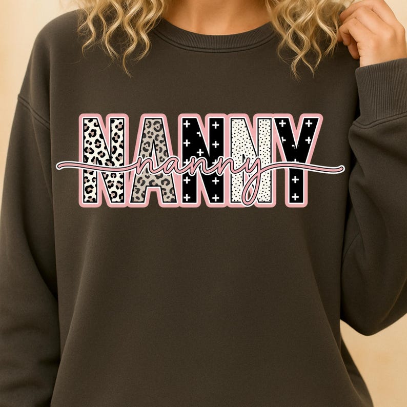 Preppy Leopard Nanny PNG, Pink Block Letter Grandma Clipart, Valentine ...
