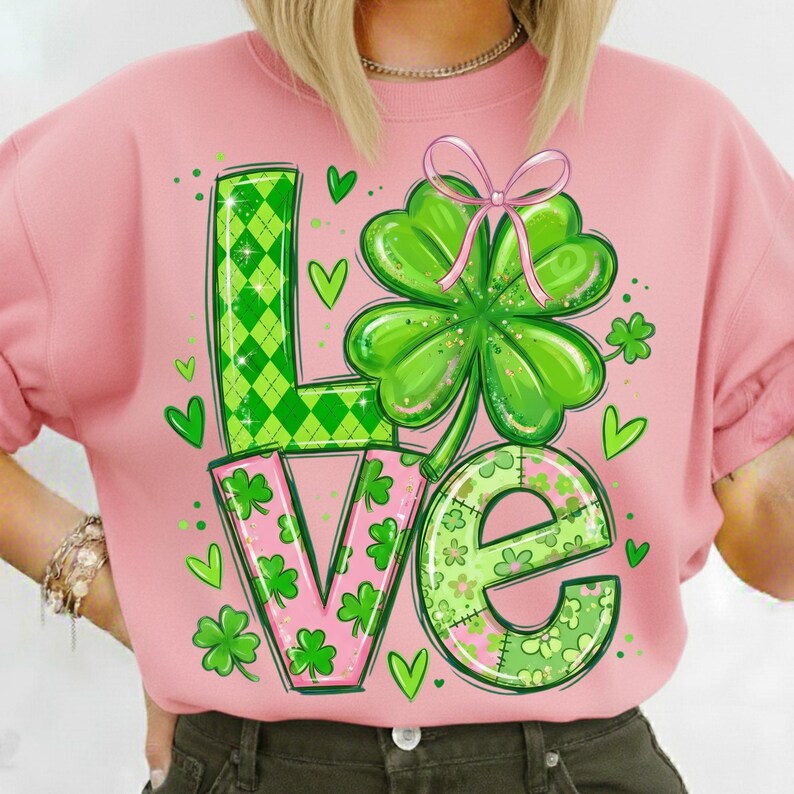 St Patrick’s Day Clover Love Png, Coquette Clover With Pink Bow Design ...