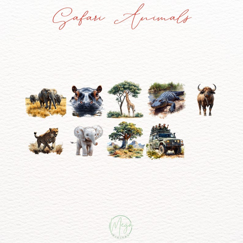Watercolor Safari Animals Clipart, Jungle Safari PNG, African Animals ...