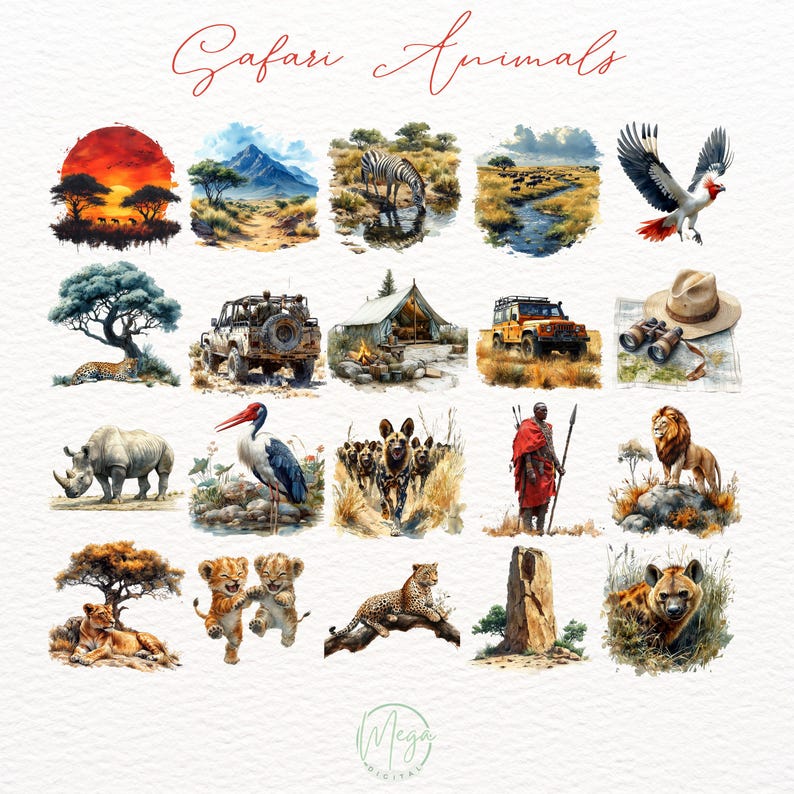 Watercolor Safari Animals Clipart, Jungle Safari PNG, African Animals ...