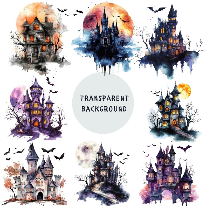 Watercolor Haunted Houses Clipart,spooky Digital Art for Halloween ...