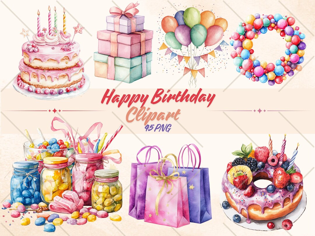 Colorful Birthday Clipart Set: 45 PNG Illustrations for DIY Projects ...
