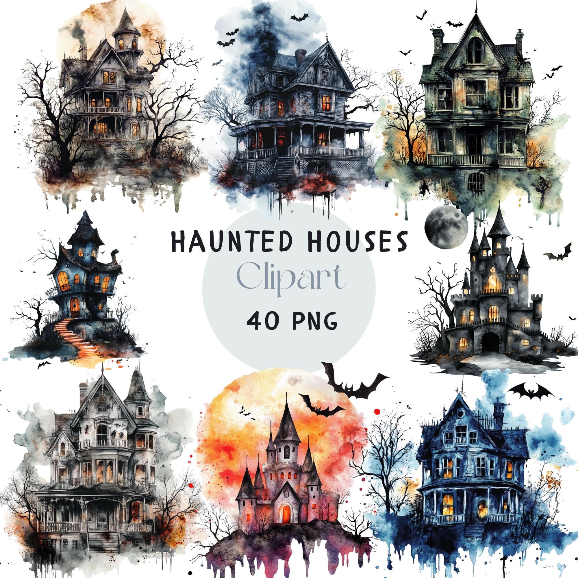 Watercolor Haunted Houses Clipart,spooky Digital Art for Halloween ...