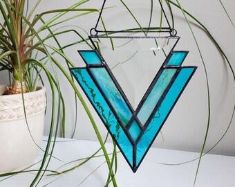 Teal Art Deco Triangle Stained Glass Home Decor - Etsy