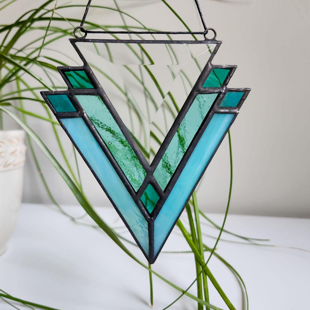 Teal Art Deco Triangle Stained Glass Home Decor - Etsy