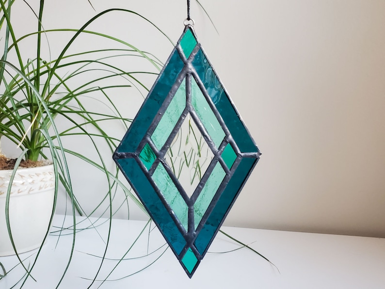 Teal Art Deco Diamond Stained Glass - Etsy