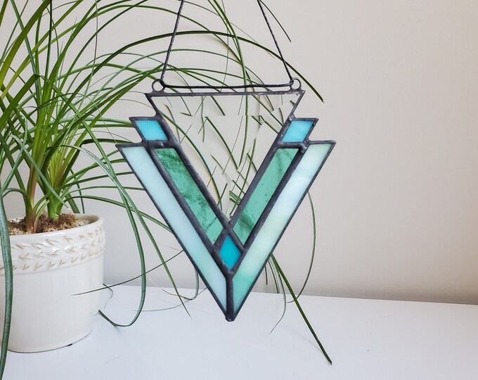 Teal Art Deco Triangle Stained Glass Home Decor | Etsy