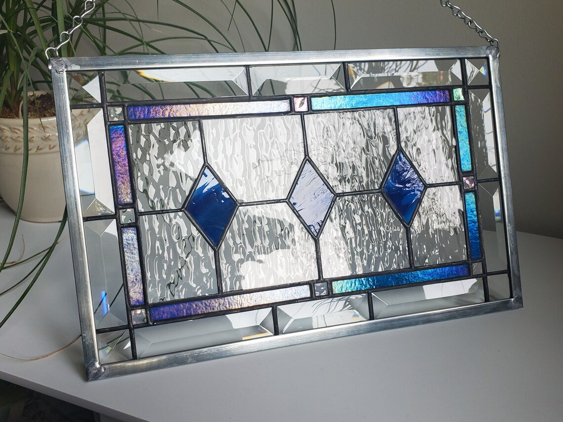 Iridescent Blue Stained Glass Panel Home Decor - Etsy