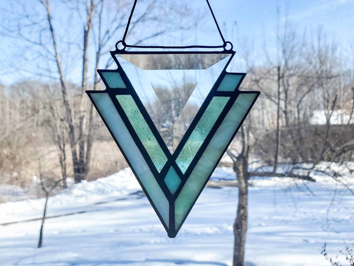 Teal Art Deco Triangle Stained Glass Home Decor - Etsy