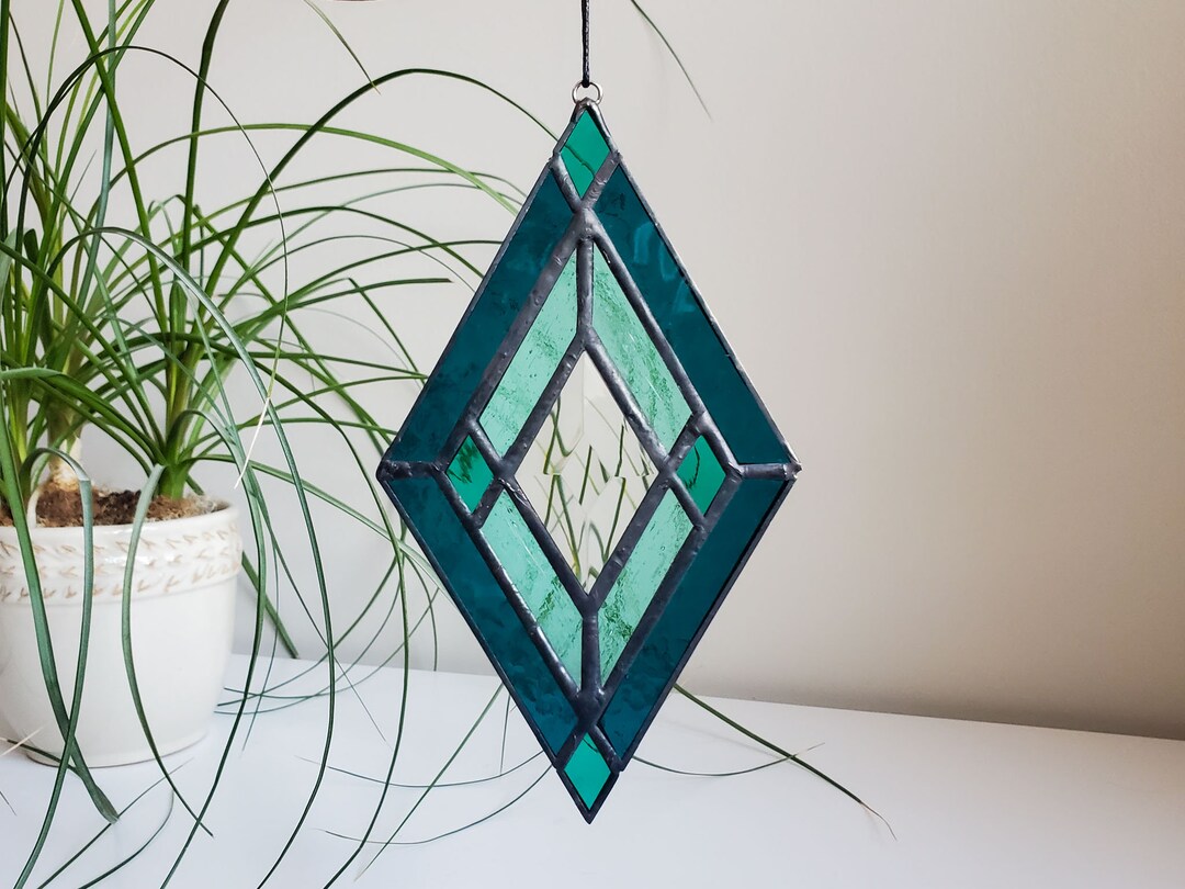 Teal Art Deco Diamond Stained Glass - Etsy