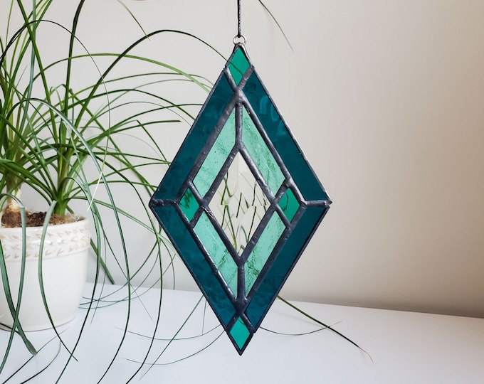 Teal Art Deco Diamond Stained Glass - Etsy