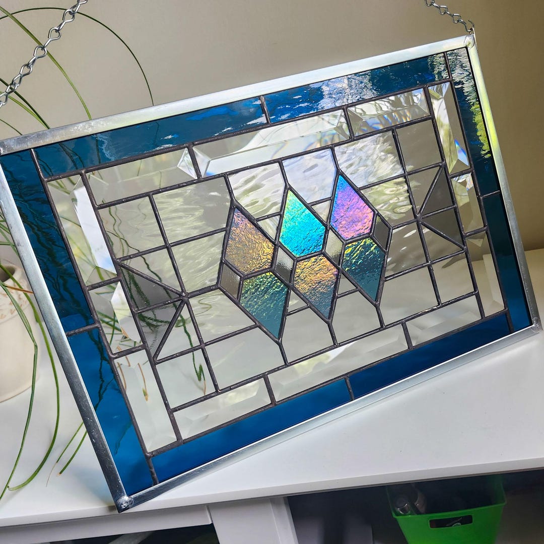 Blue and Grey Prairie Style Stained Glass Panel - Etsy