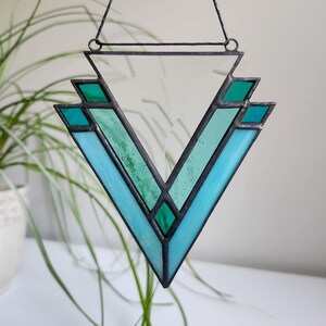 Teal Art Deco Triangle Stained Glass Home Decor - Etsy
