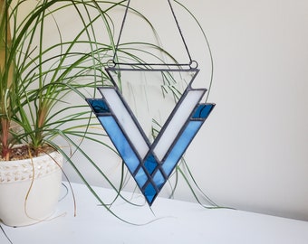 Teal Art Deco Triangle Stained Glass Home Decor | Etsy