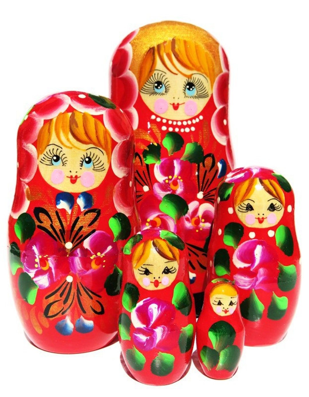 Large 5 Piece Russian Nesting Dolls, Floral Red Stacking Dolls, Flower ...