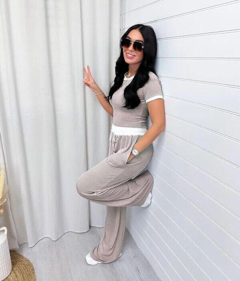 Light Greige Rib Contrast Waste Band Trouser and Crop-top Co-ord Set - Etsy
