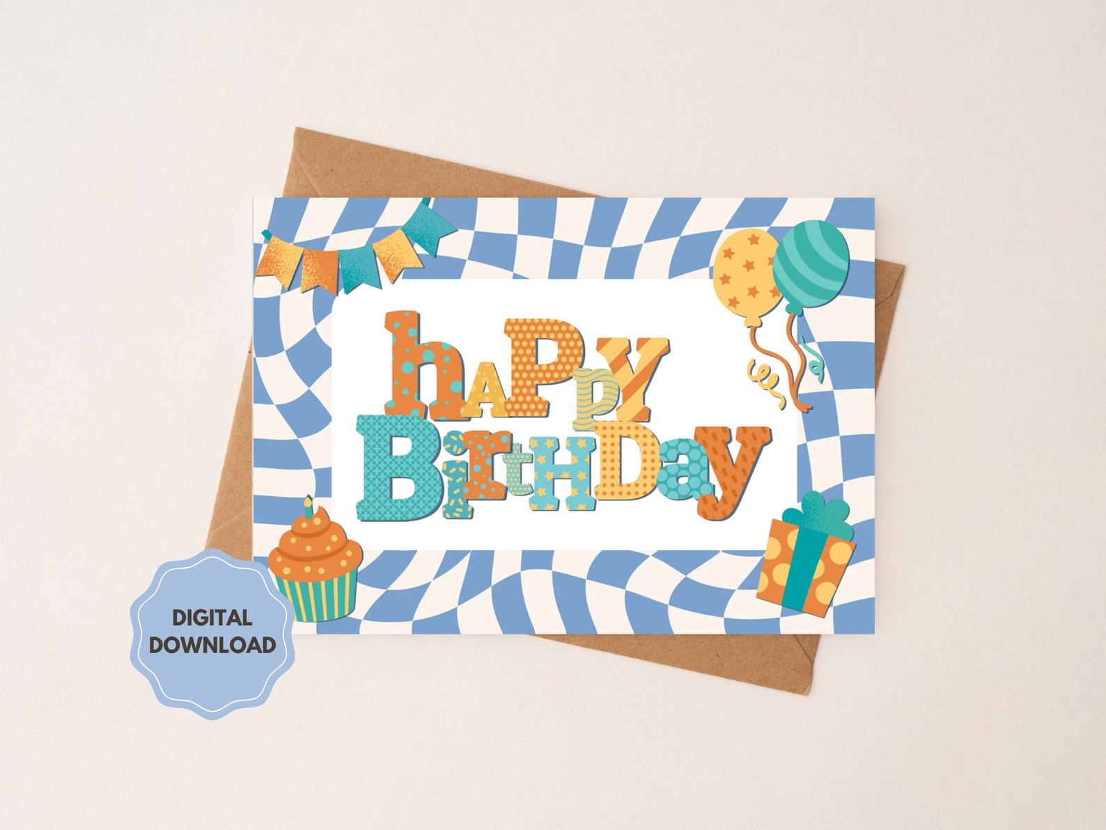 Printable Birthday Card Digital Download Card Orange Blue Yellow ...