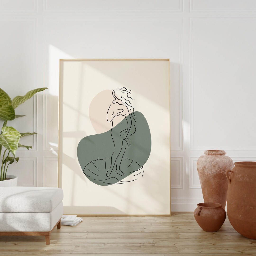 Birth of Venus Line Art Print: Minimalist Green Accent (digital ...