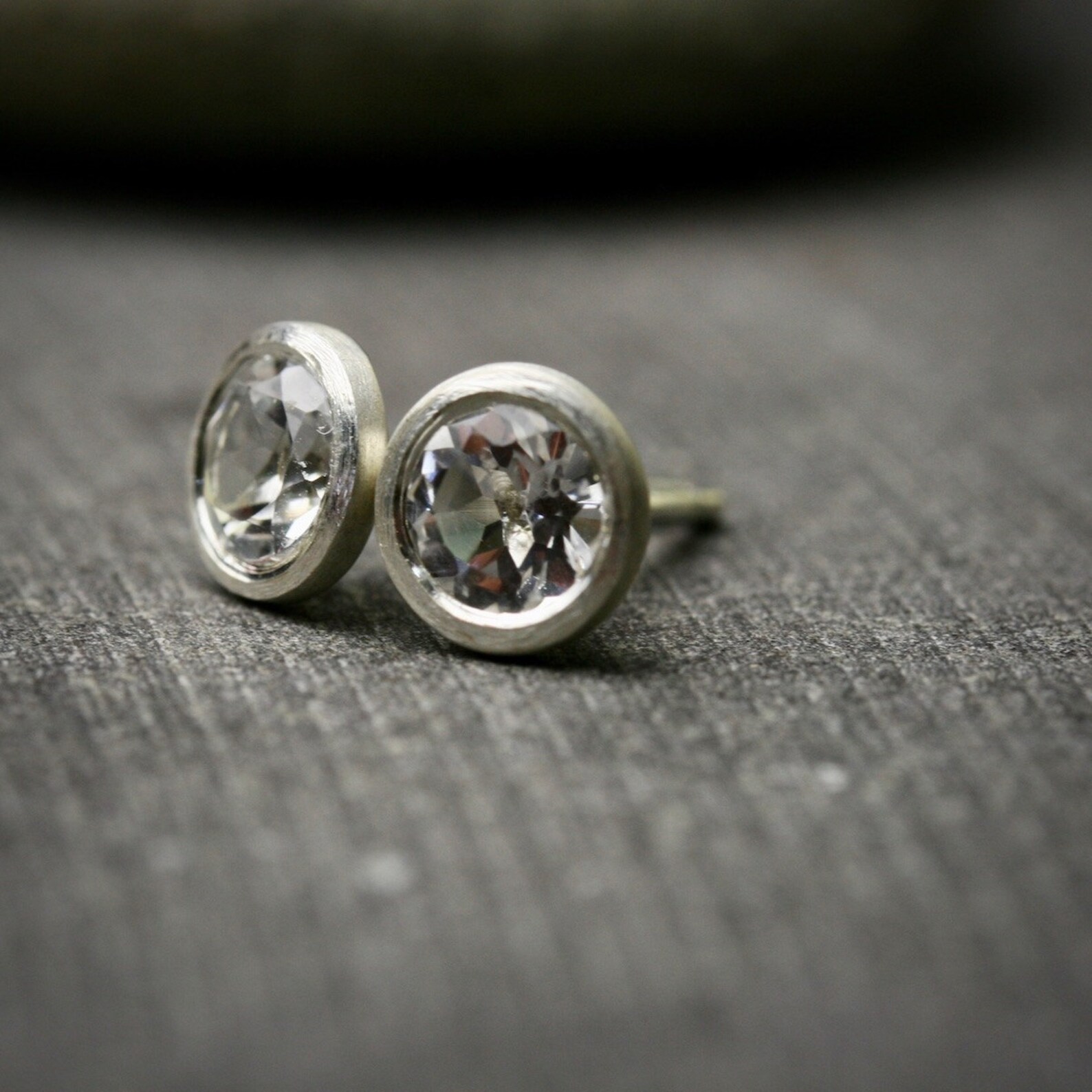 Large Round Bezel Set White Topaz Sterling Silver Stud - Etsy