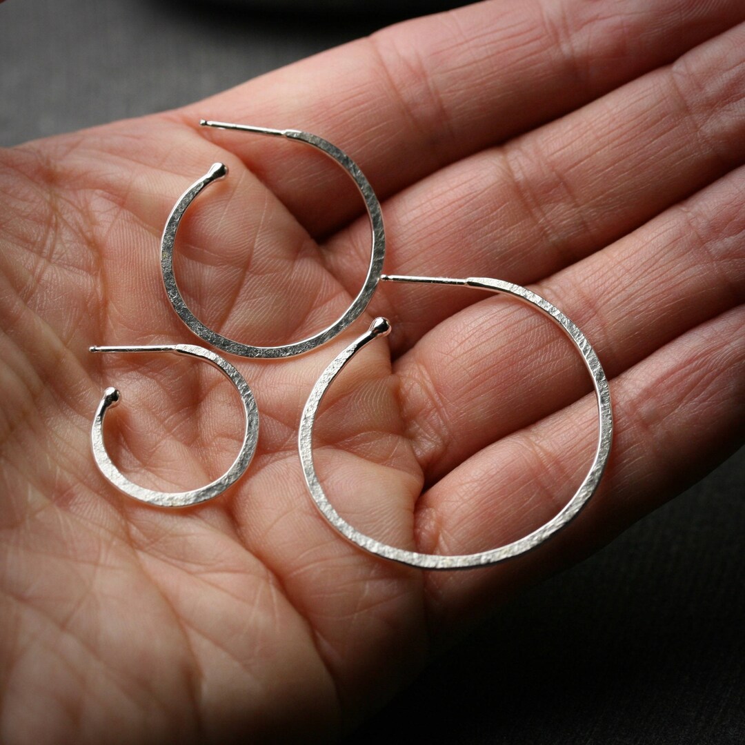 Sterling Silver Half Hammered Hoop Earrings With Post and Backs Three ...