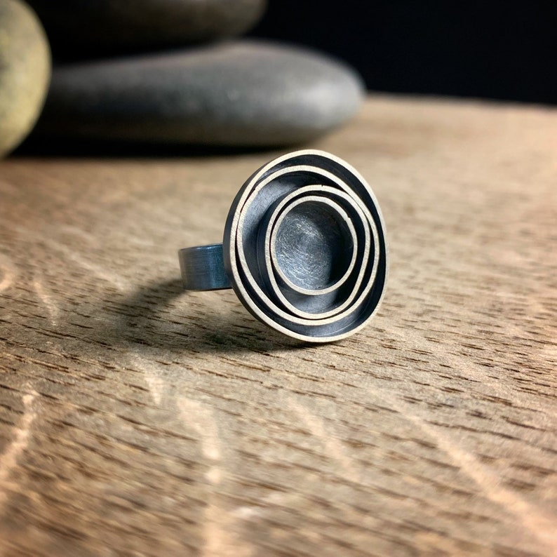 Modern Sterling Silver Ring With Oxidized Concentric Circles - Etsy