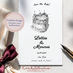 Whimsical Vintage Heart Cake Save the Date Card 5x7 Hand Drawn Digital ...