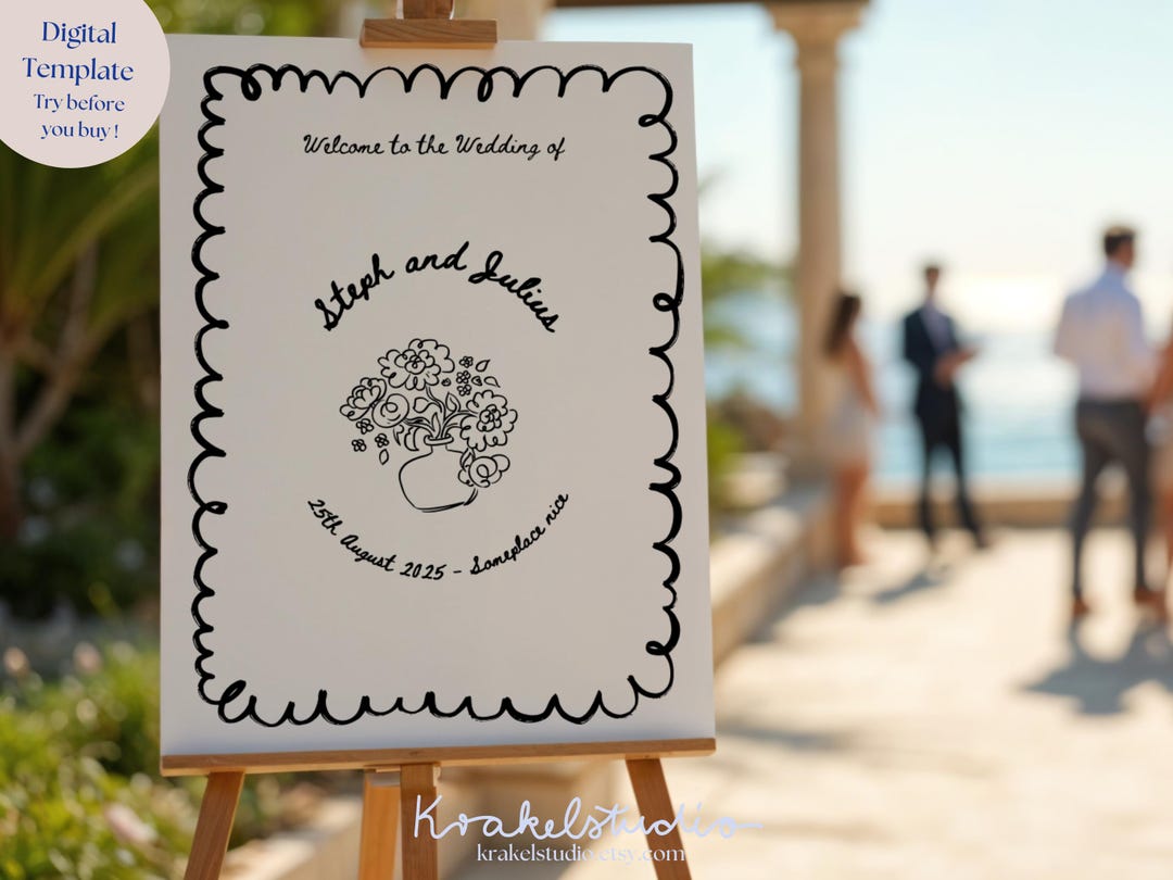 Whimsical Wedding Welcome Sign Template | Illustrated Flower Bouquet ...