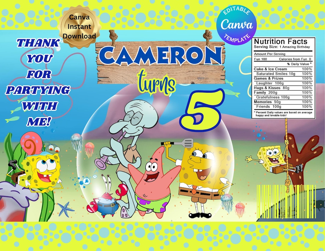 Editable Spongebob Chip Bag Template - Canva Pro - Etsy Canada
