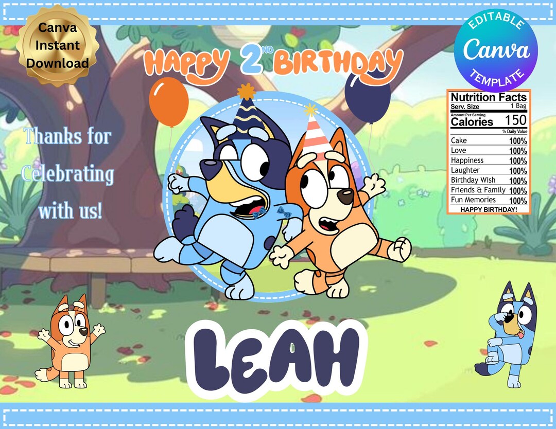 Editable Bluey Chip Bag Template - Canva - Etsy Australia