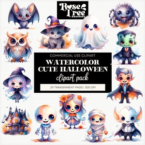 Watercolor Cute Halloween Clipart | 29 PNG Graphics | Whimsical ...