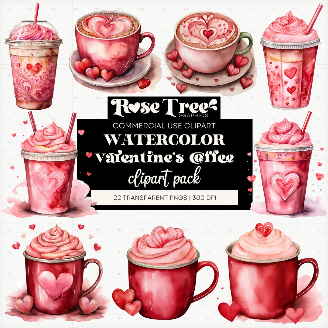 Cute Valentine Coffee Watercolor Clipart | 22 PNG Graphics| Valentine's ...