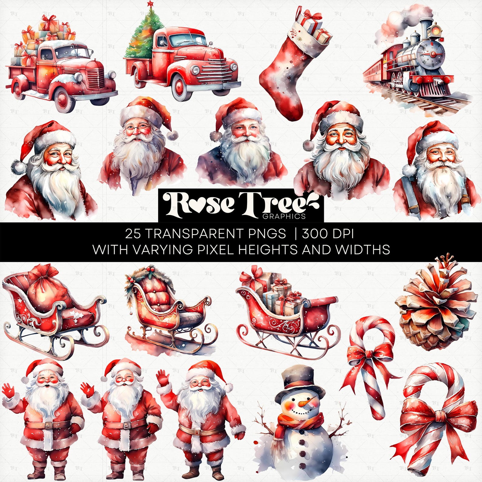 Watercolor Santa Clipart: Vintage Christmas PNG Graphics (commercial ...