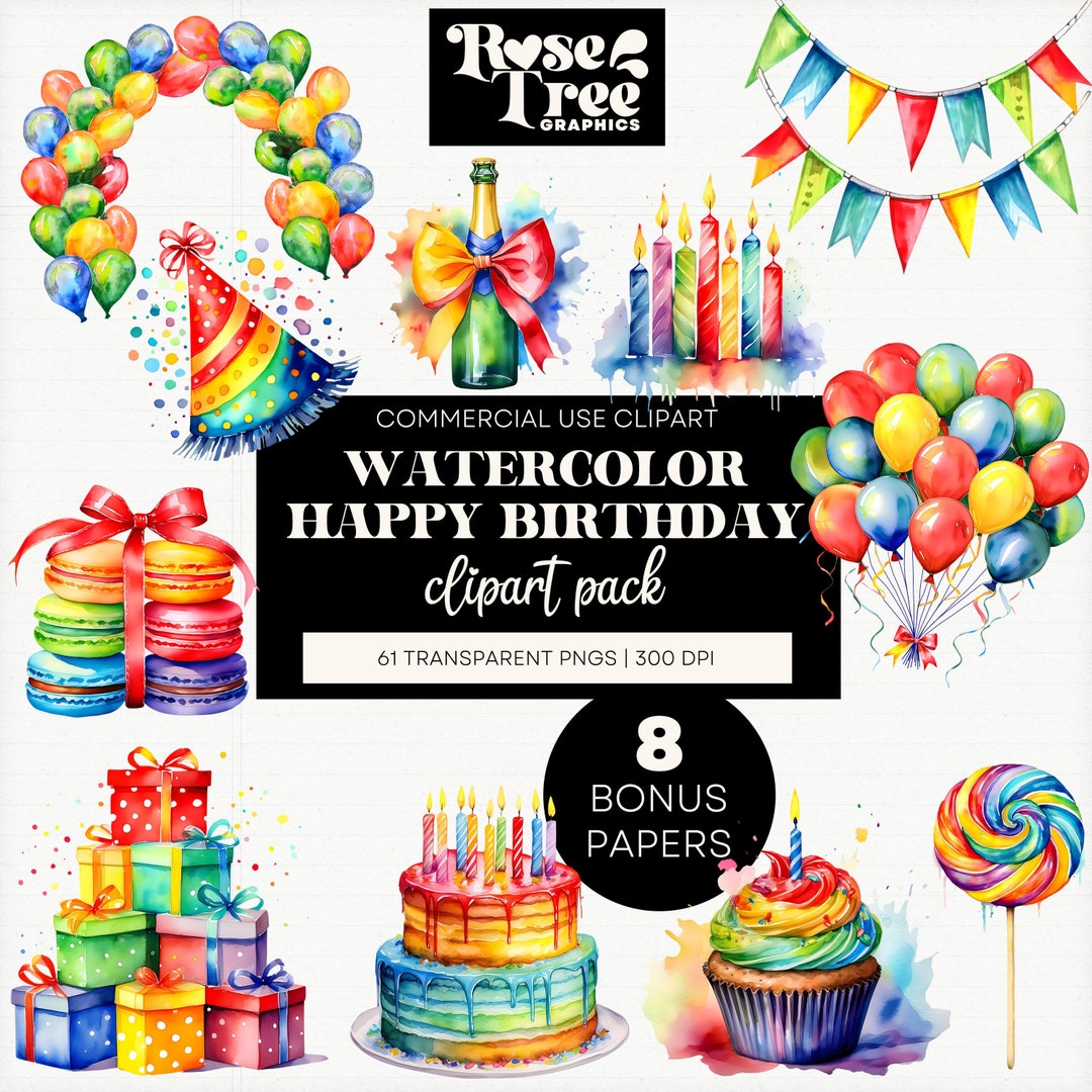 61 Watercolor Birthday Clipart | 8 Free Papers | Happy Birthday ...