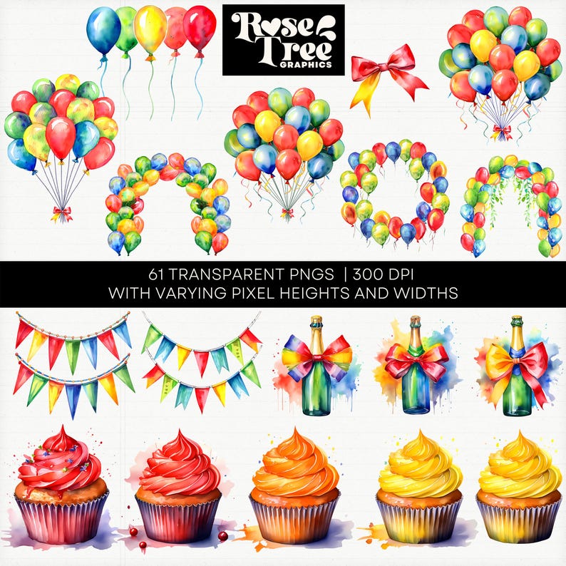 Watercolor Birthday Clipart: Cakes, Balloons, Presents (digital ...
